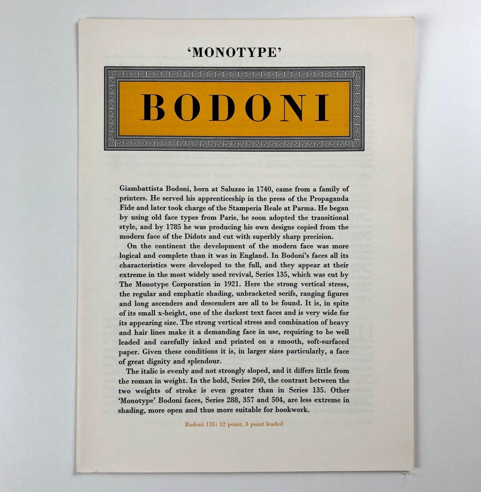 Monotype 'Bodoni' type specimen leaflet | The Monotype Corporation | U – Skylona